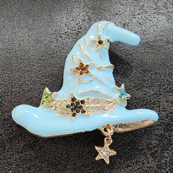 Jewelry | Blue Rhinestone Witch Hat Enamel Brooch | Poshmark